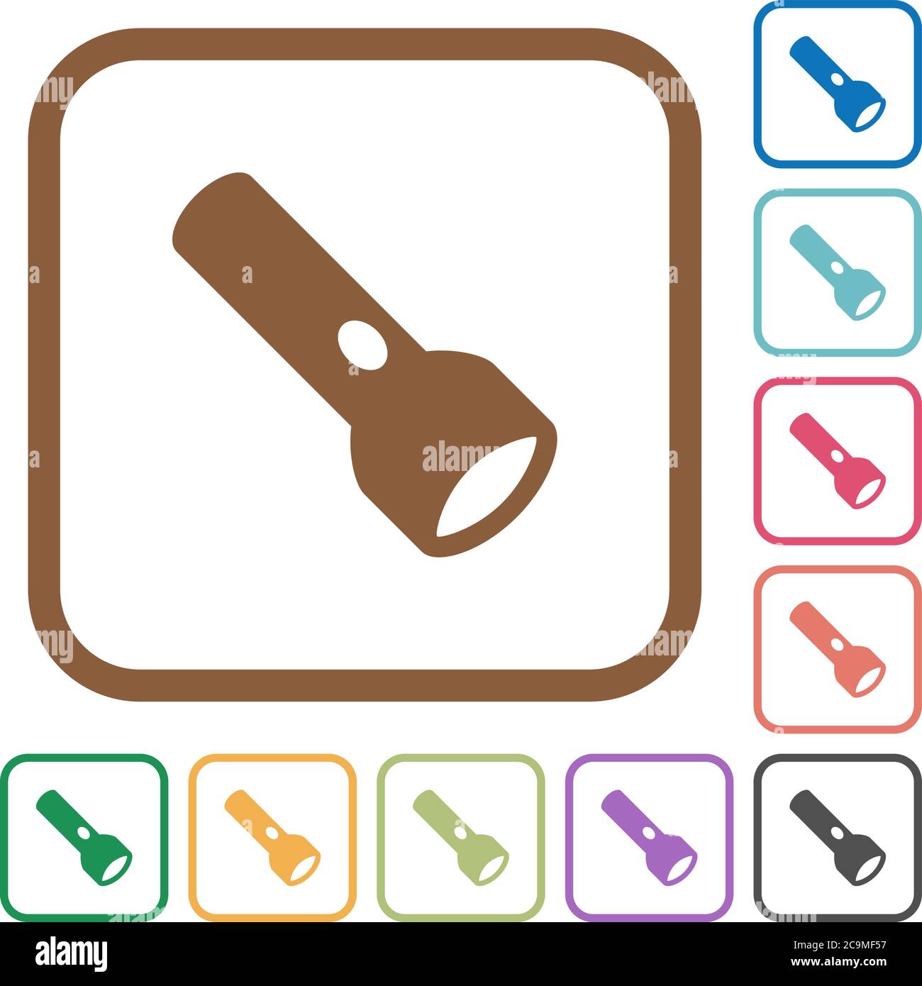 Flashlight simple icons in color rounded square frames on white ...