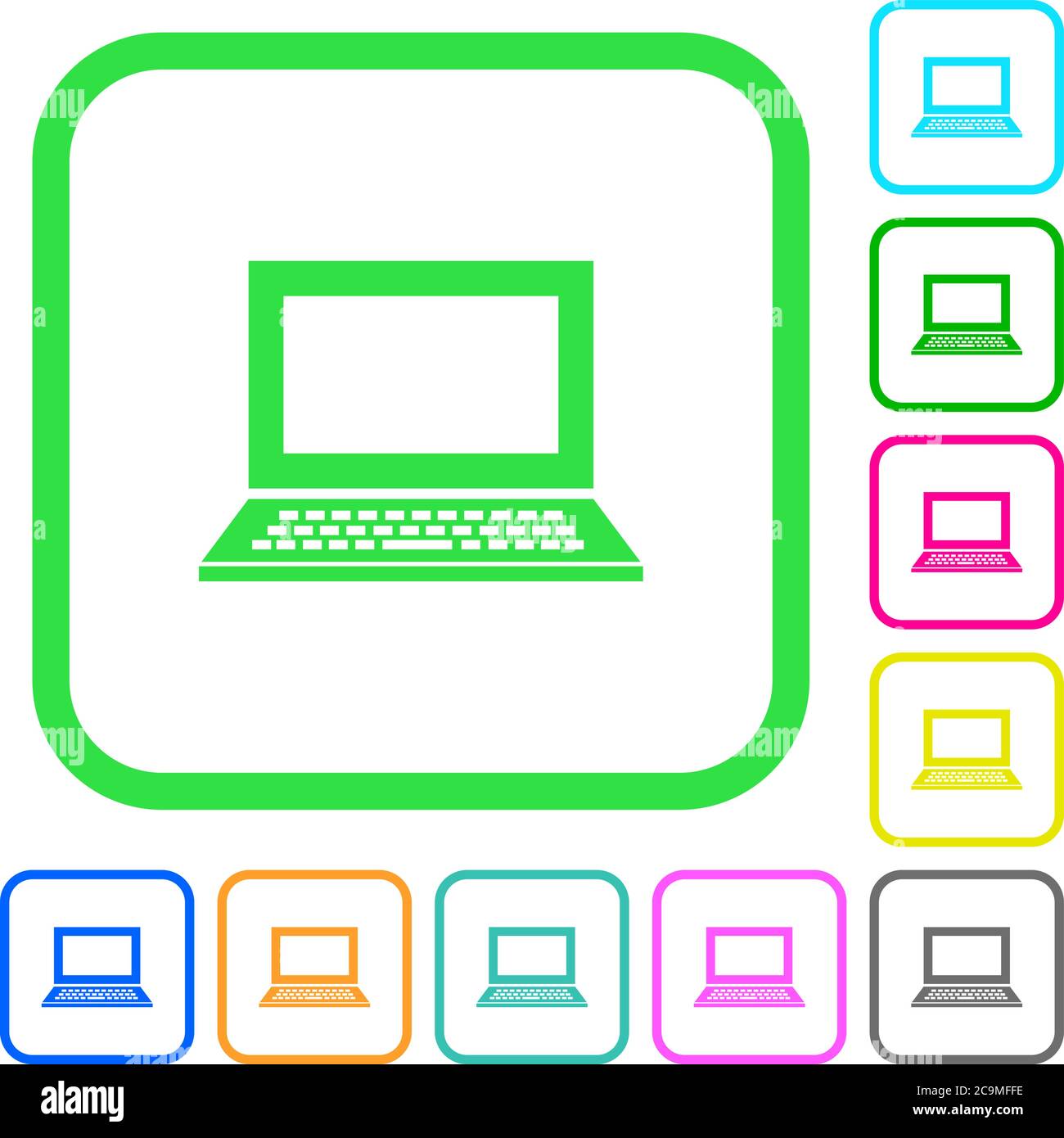 Laptop with blank screen vivid colored flat icons in curved borders on ...