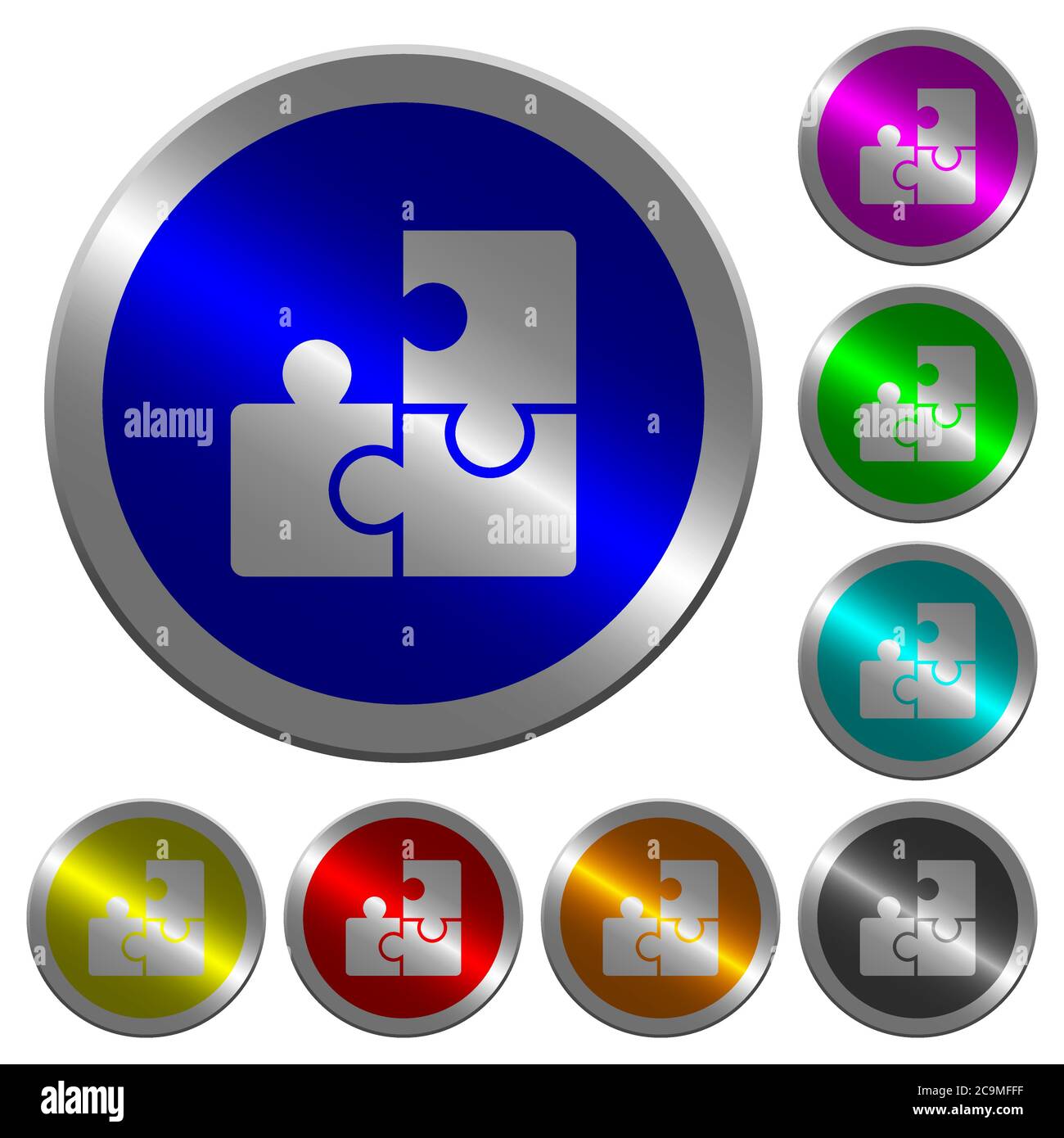 Puzzles icons on round luminous coin-like color steel buttons Stock Vector Image & Art - Alamy