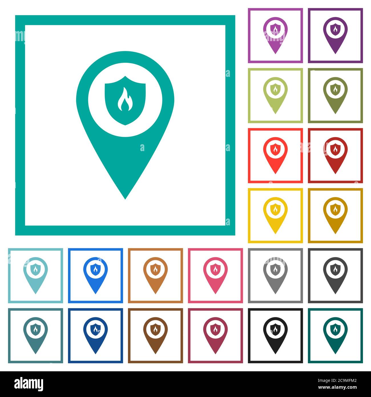 Fire station GPS map location flat color icons with quadrant frames on ...