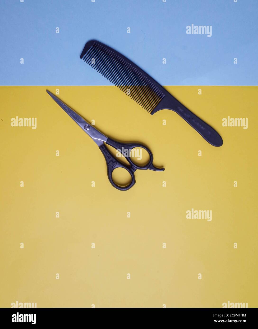 flat lay of scissors and comb on colored paper Stock Photo - Alamy