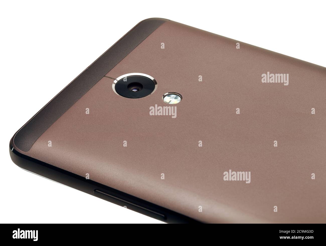 Mobile phone rear view, view of the camera and flash on a white ...