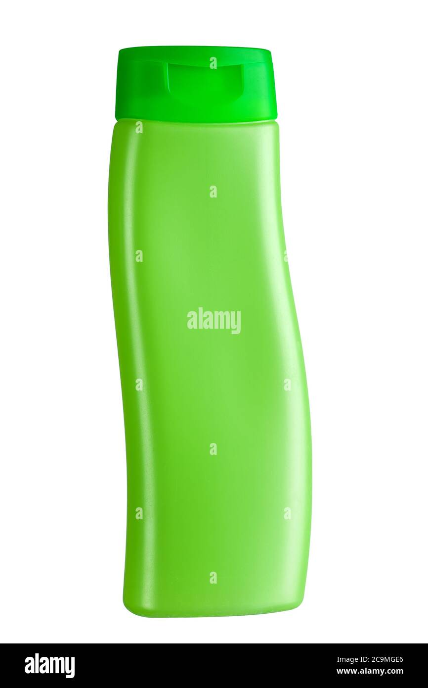Plastic bottle shampoo of green color with a green cover, isolated on ...