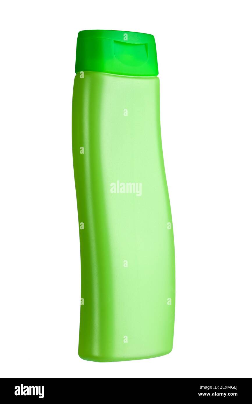 Plastic bottle shampoo of green color with a green cover, isolated on ...