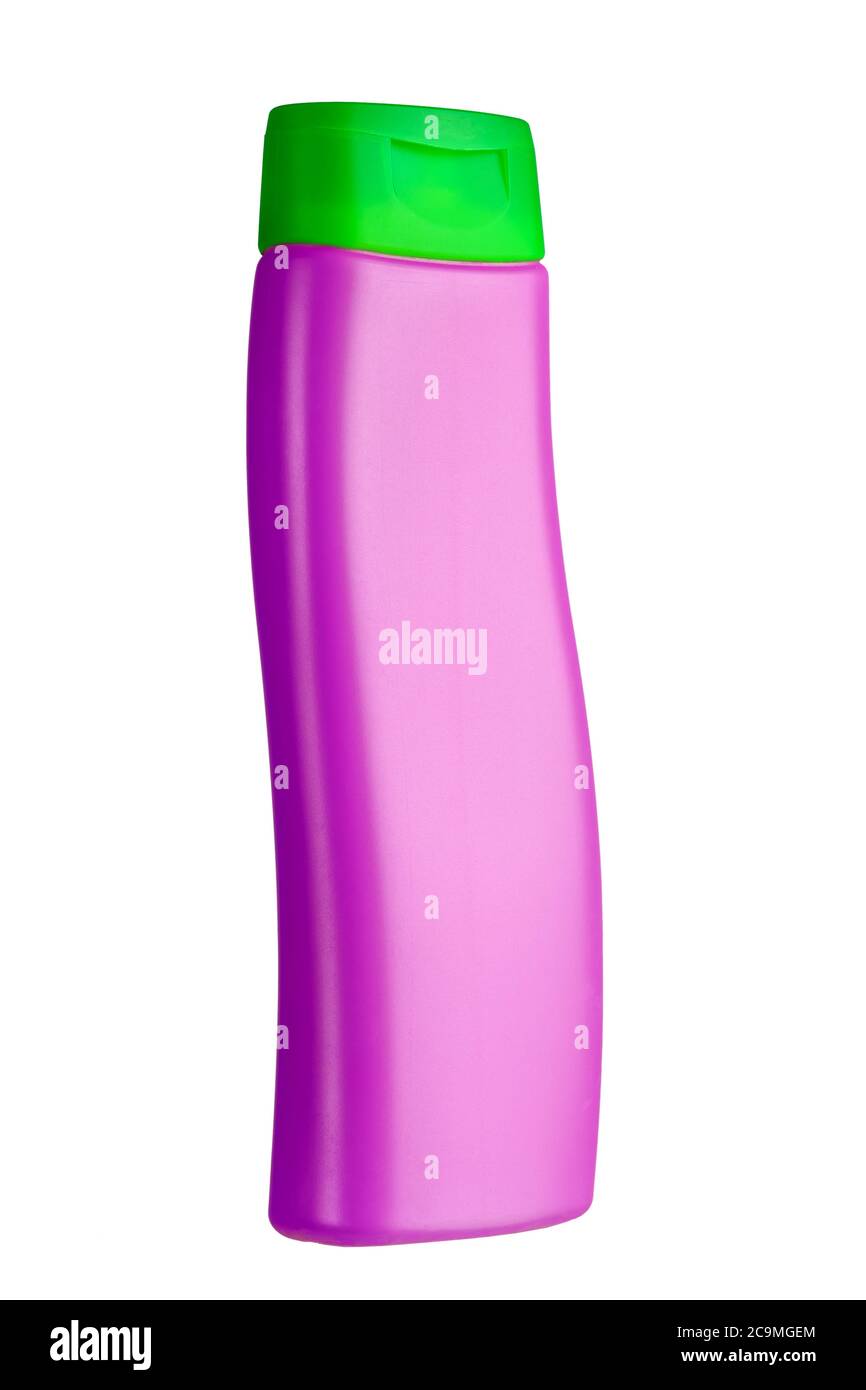 Plastic bottle shampoo of pink color with a green cover, isolated on ...