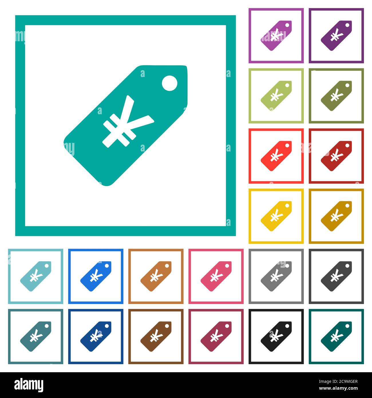 Yen price label flat color icons with quadrant frames on white ...