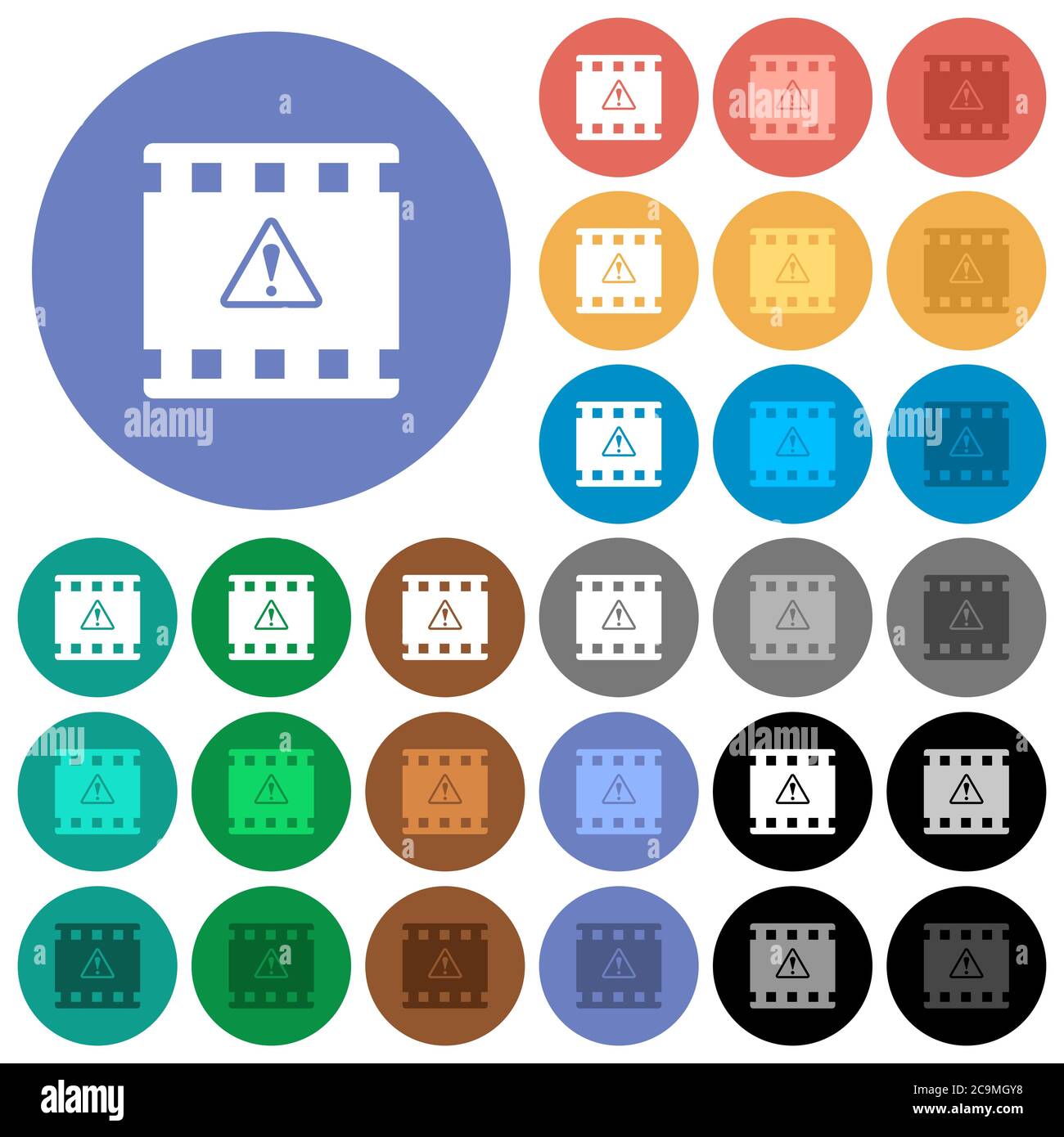 Movie warning multi colored flat icons on round backgrounds. Included ...
