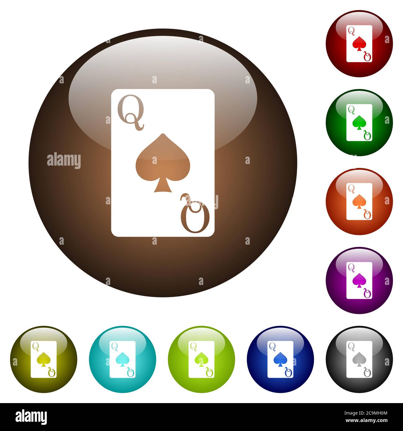 Queen of spades card white icons on round color glass buttons Stock ...