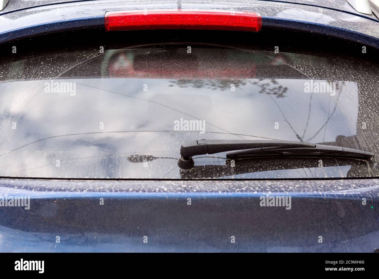 rear window of a blue SUV with a car wiper in a layer of mud of dried ...