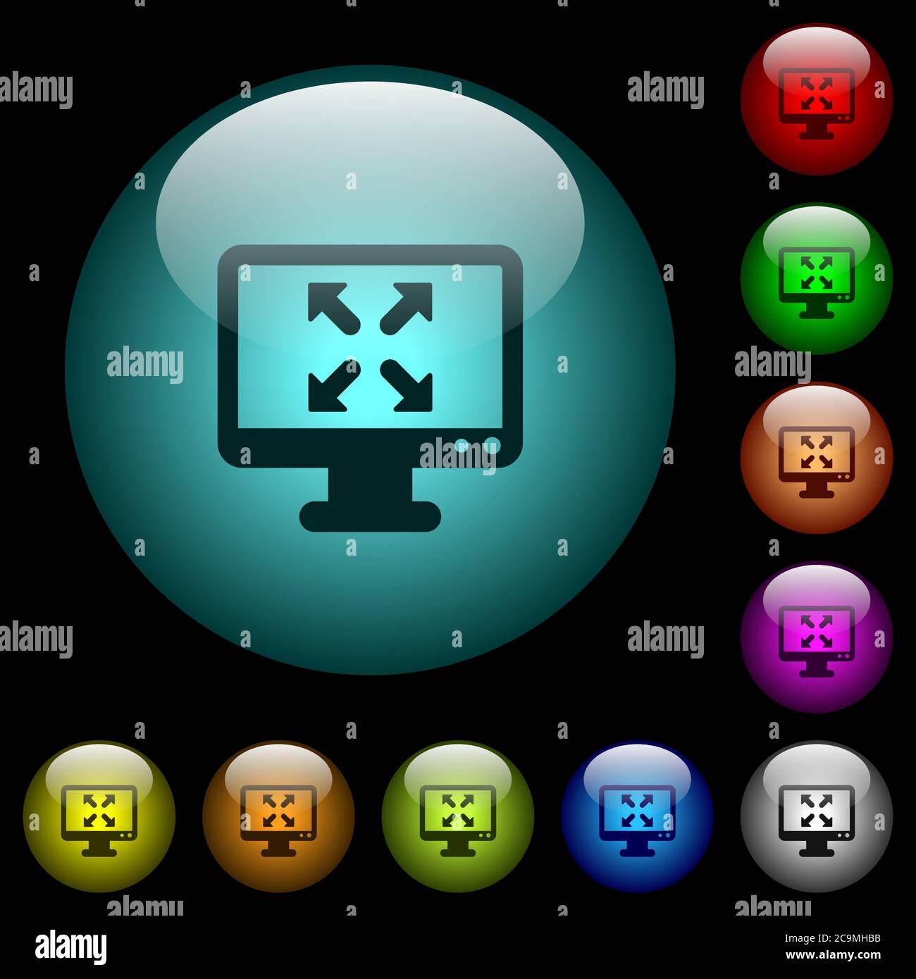 Change to fullscreen view icons in color illuminated spherical glass ...