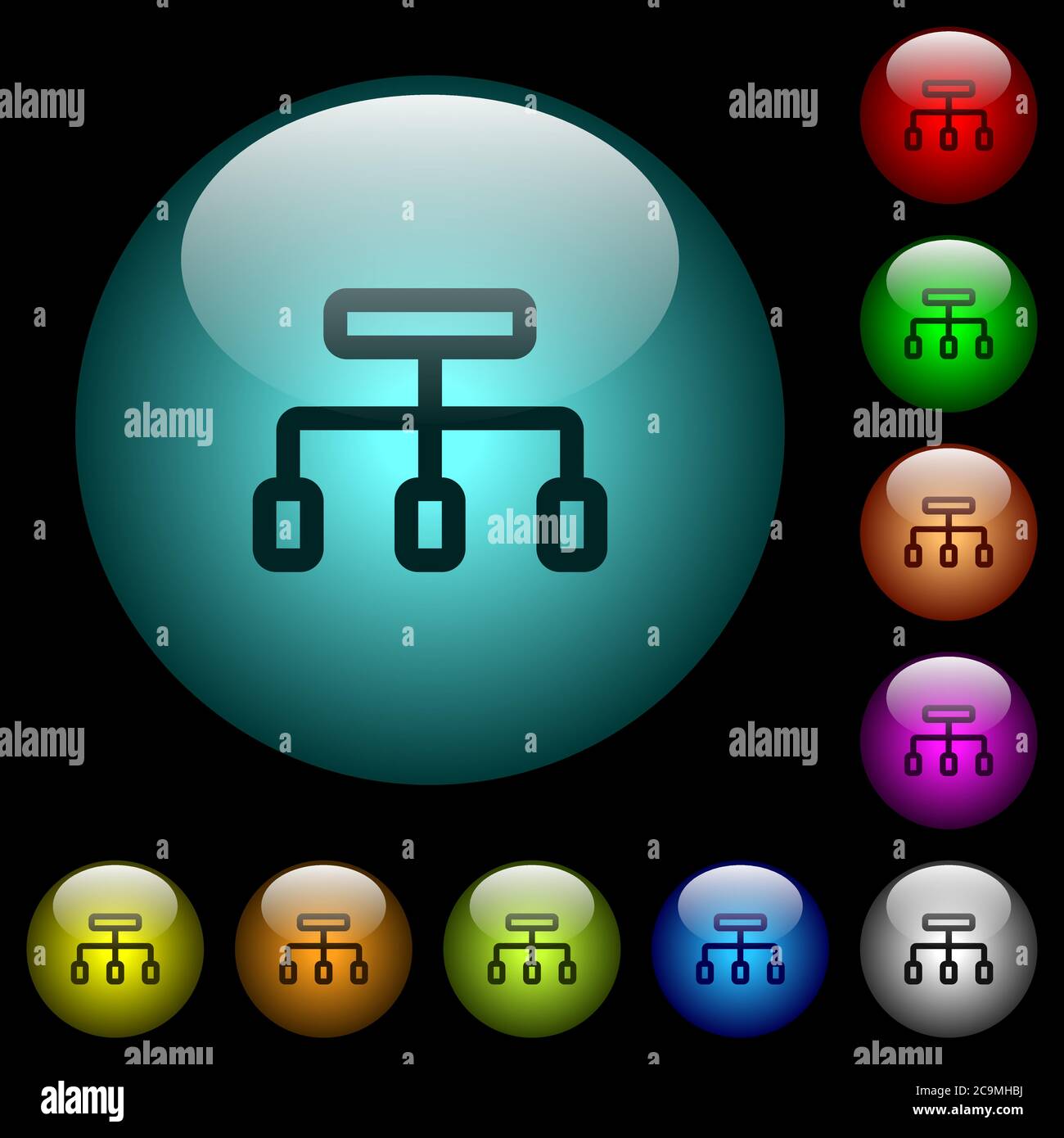 Connect icons in color illuminated spherical glass buttons on black ...