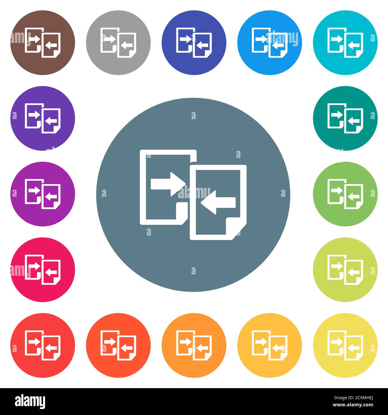 Share documents flat white icons on round color backgrounds. 17 background color variations are ...