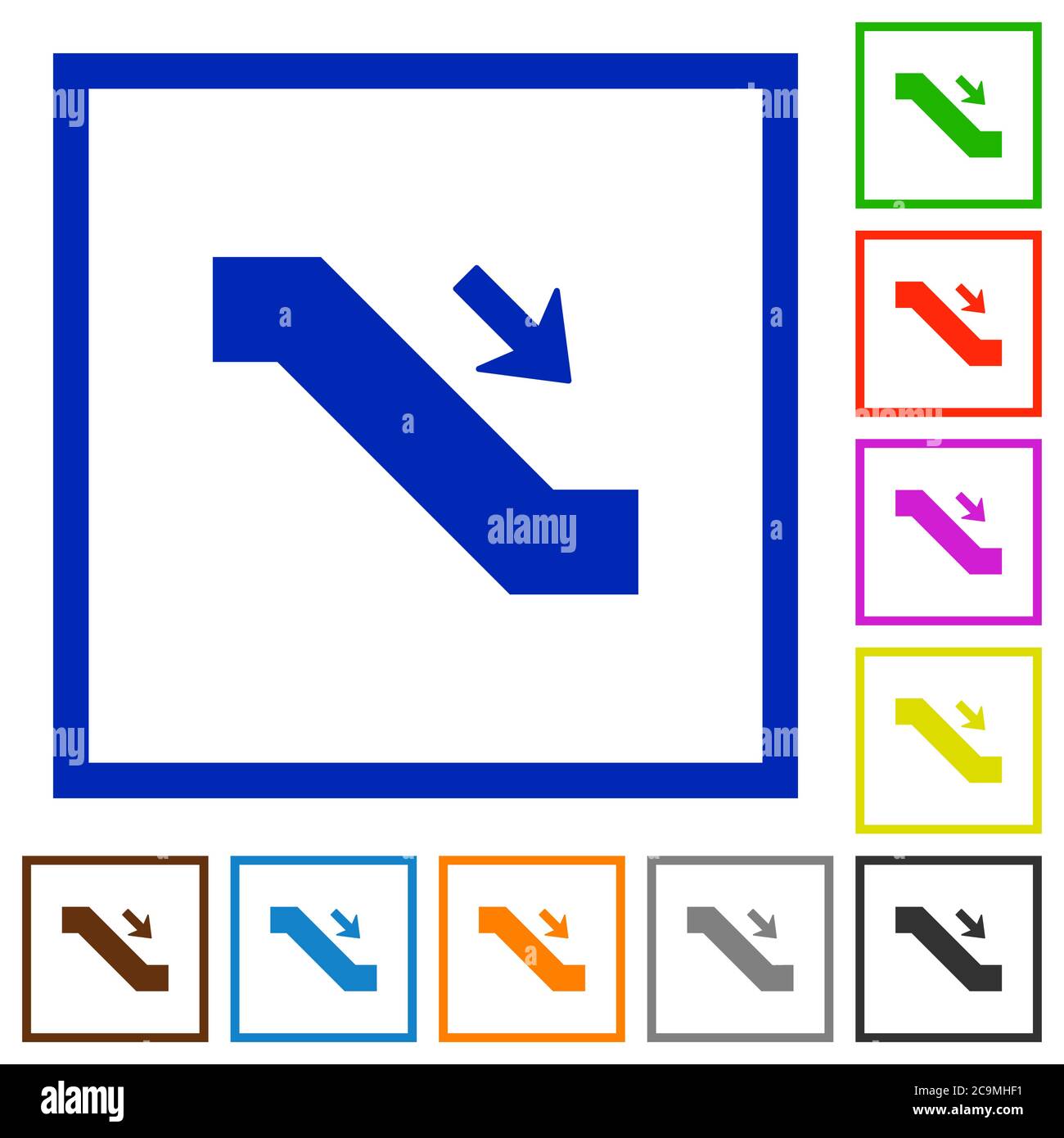 Escalator down sign flat color icons in square frames on white ...