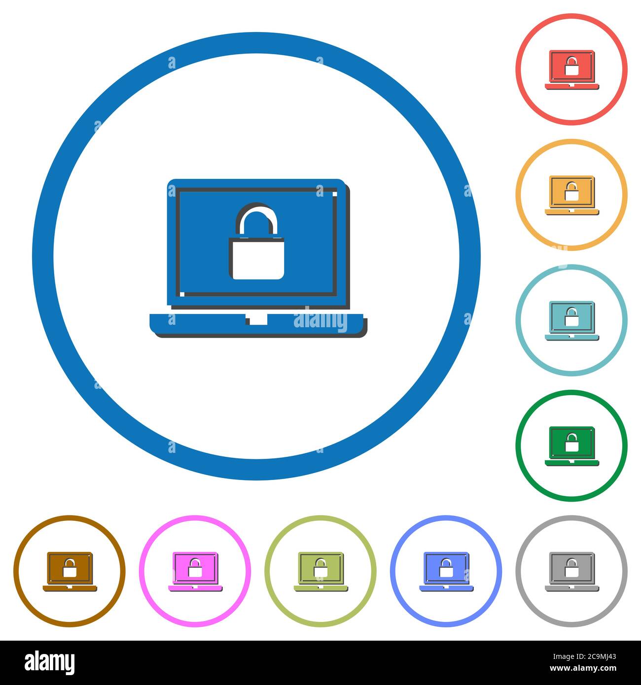 Locked laptop flat color vector icons with shadows in round outlines on ...