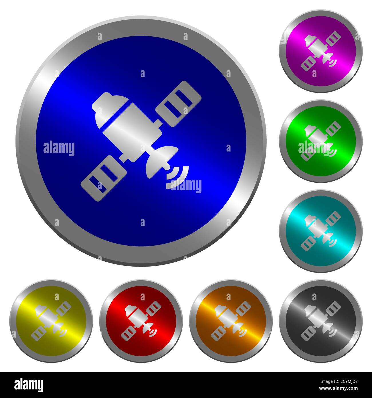Satellite icons on round luminous coin-like color steel buttons Stock ...