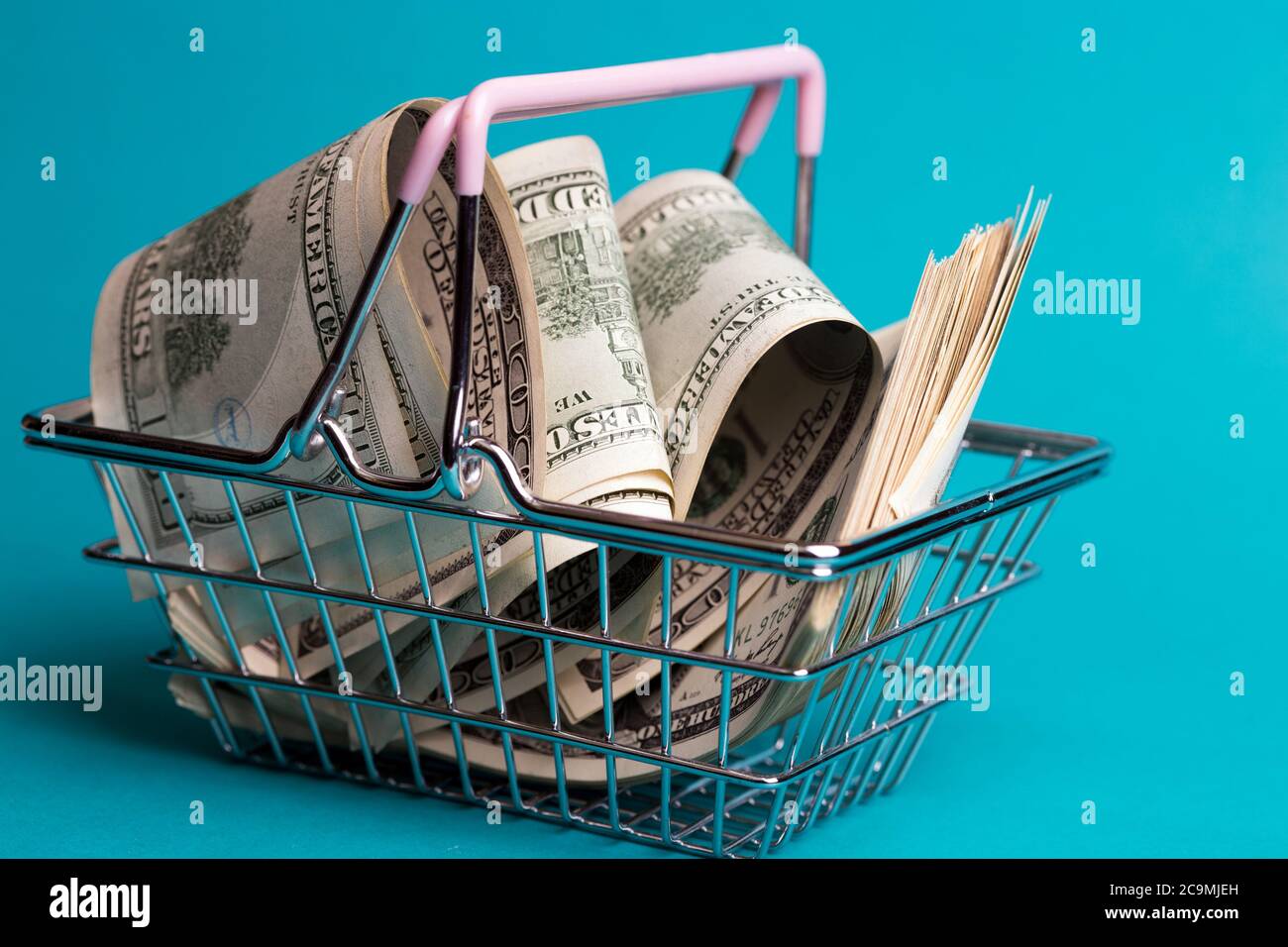 Prices for shopping consumer basket products. empty basket on a blue ...