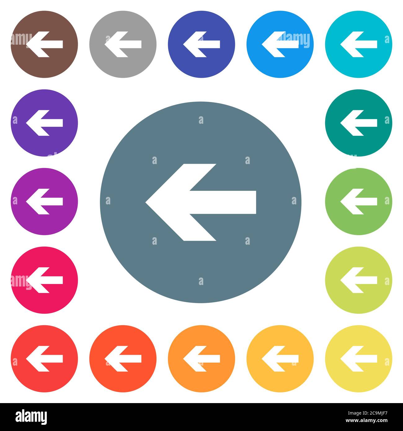 Left arrow flat white icons on round color backgrounds. 17 background ...