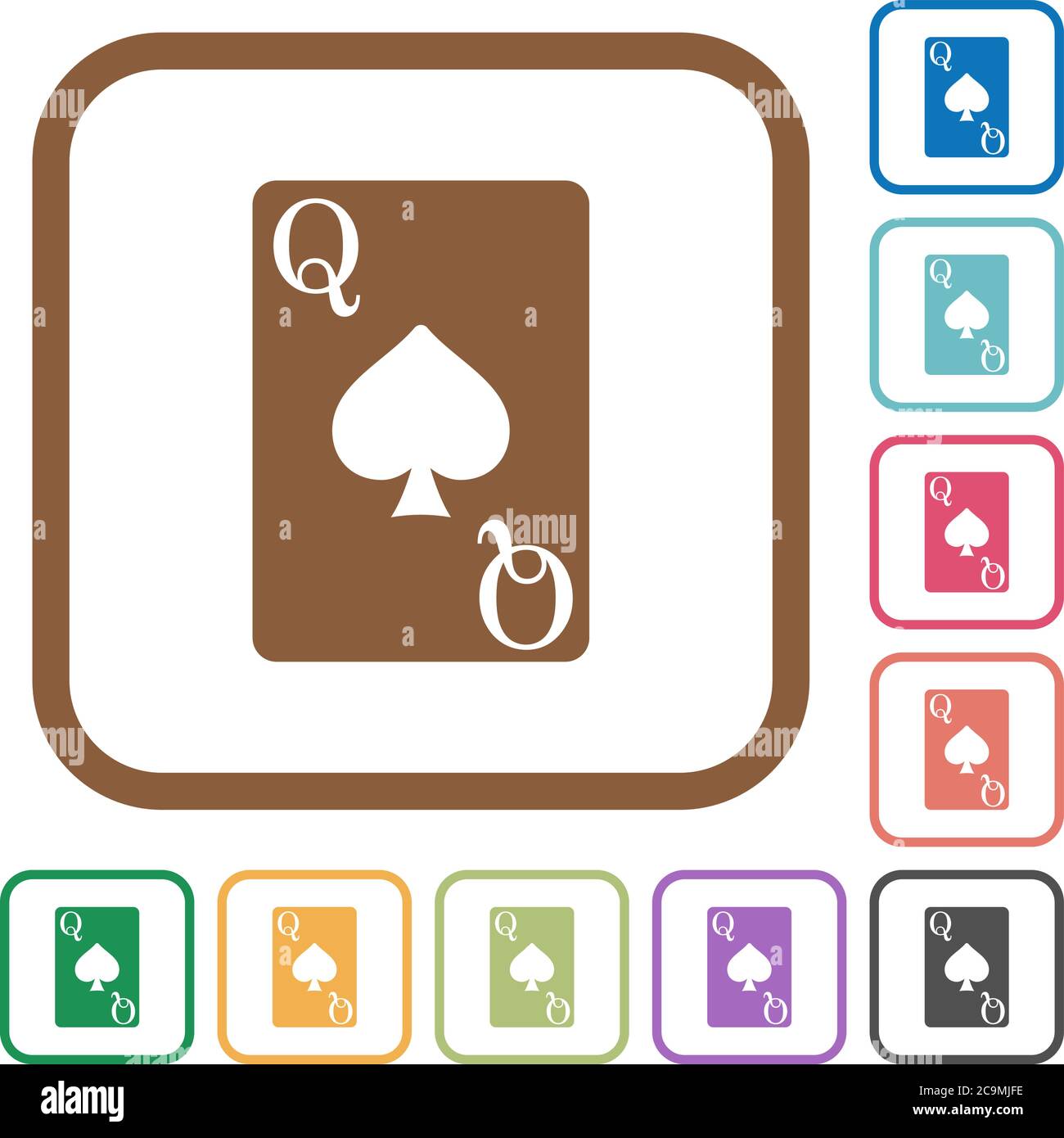 Queen of spades card simple icons in color rounded square frames on ...