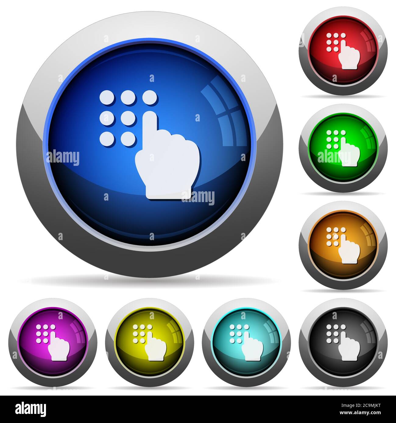 Typing security code icons in round glossy buttons with steel frames ...