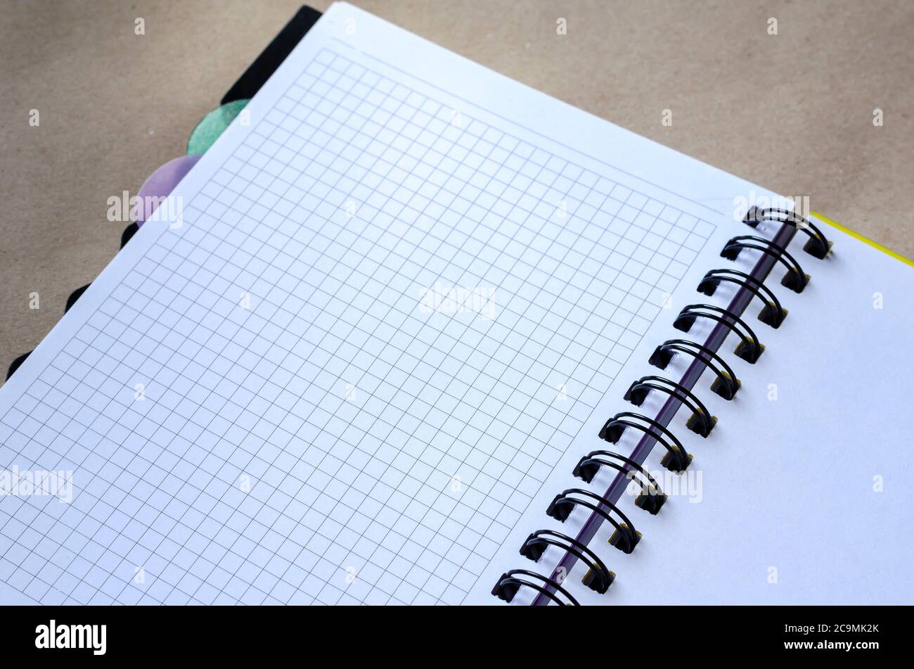 Open spring-bound notebook. White blank page and squared page. Top view ...