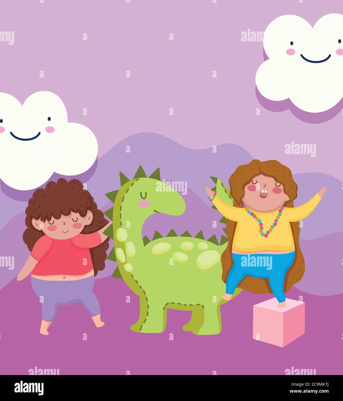 toys object for small kids to play cartoon, happy girls with dinosaur ...