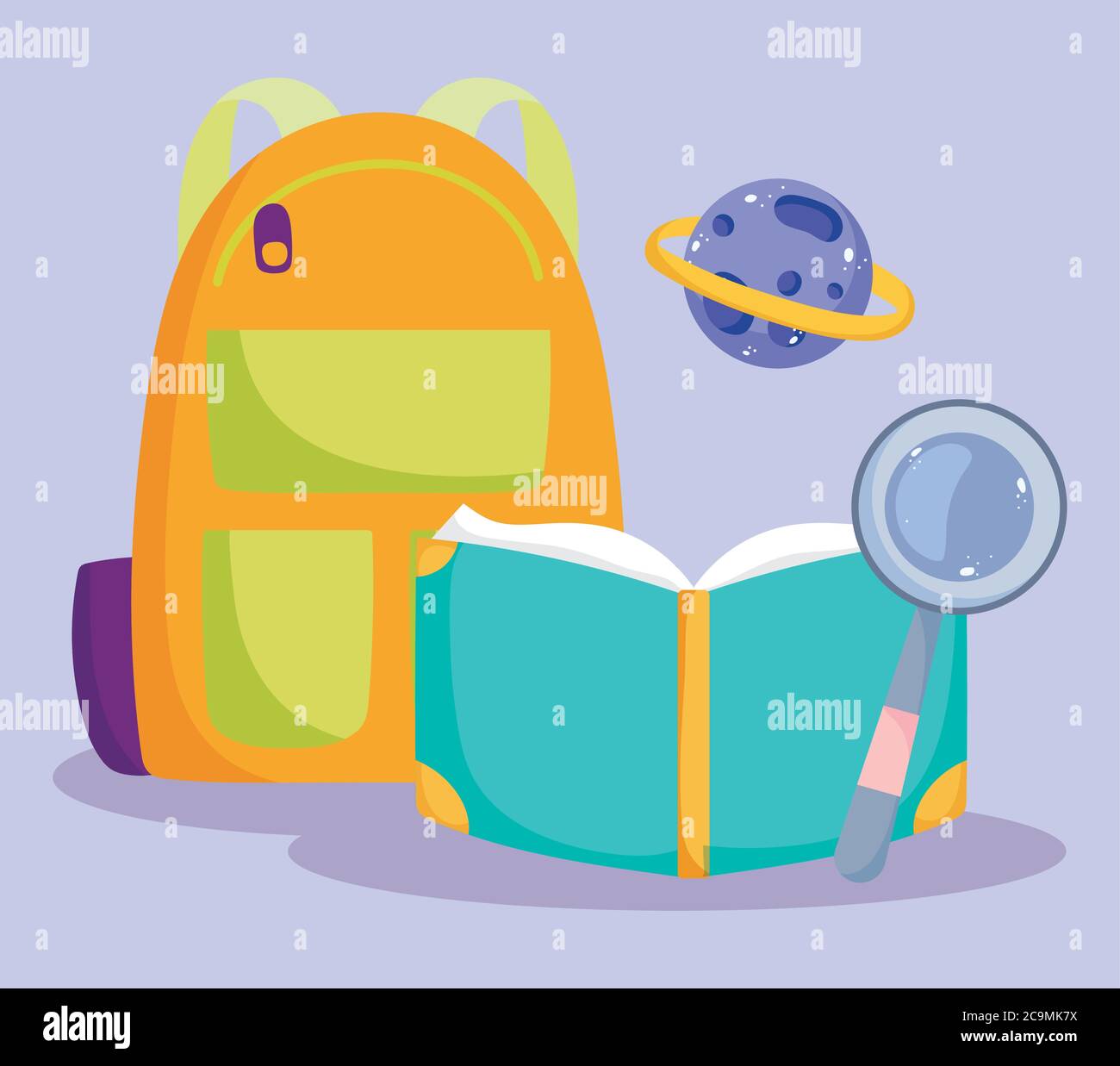 back to school, bag open book and magnifier elementary education ...