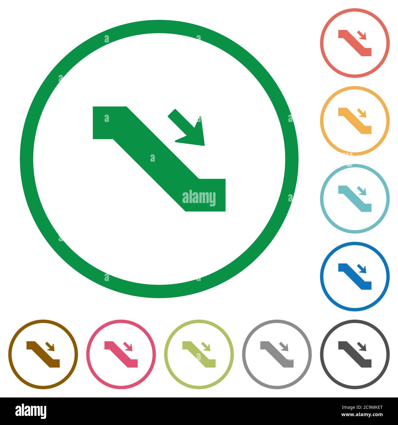 Escalator down sign flat color icons in round outlines on white ...