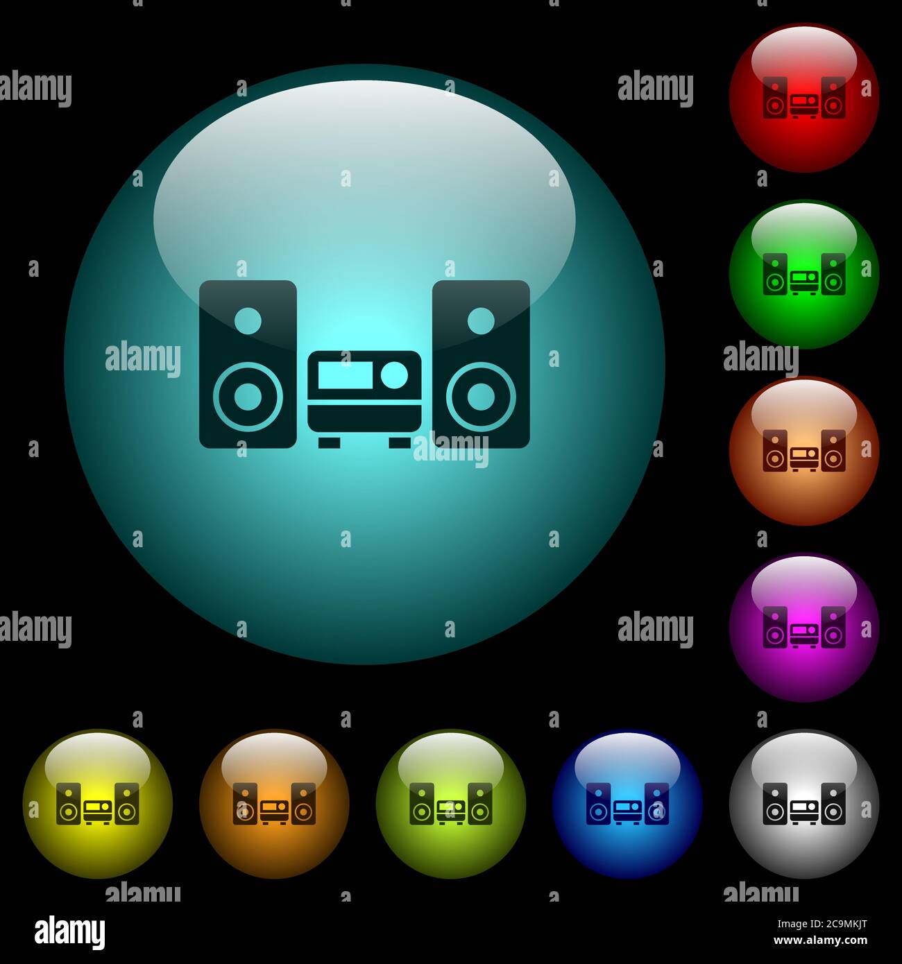 Stereo system icons in color illuminated spherical glass buttons on ...