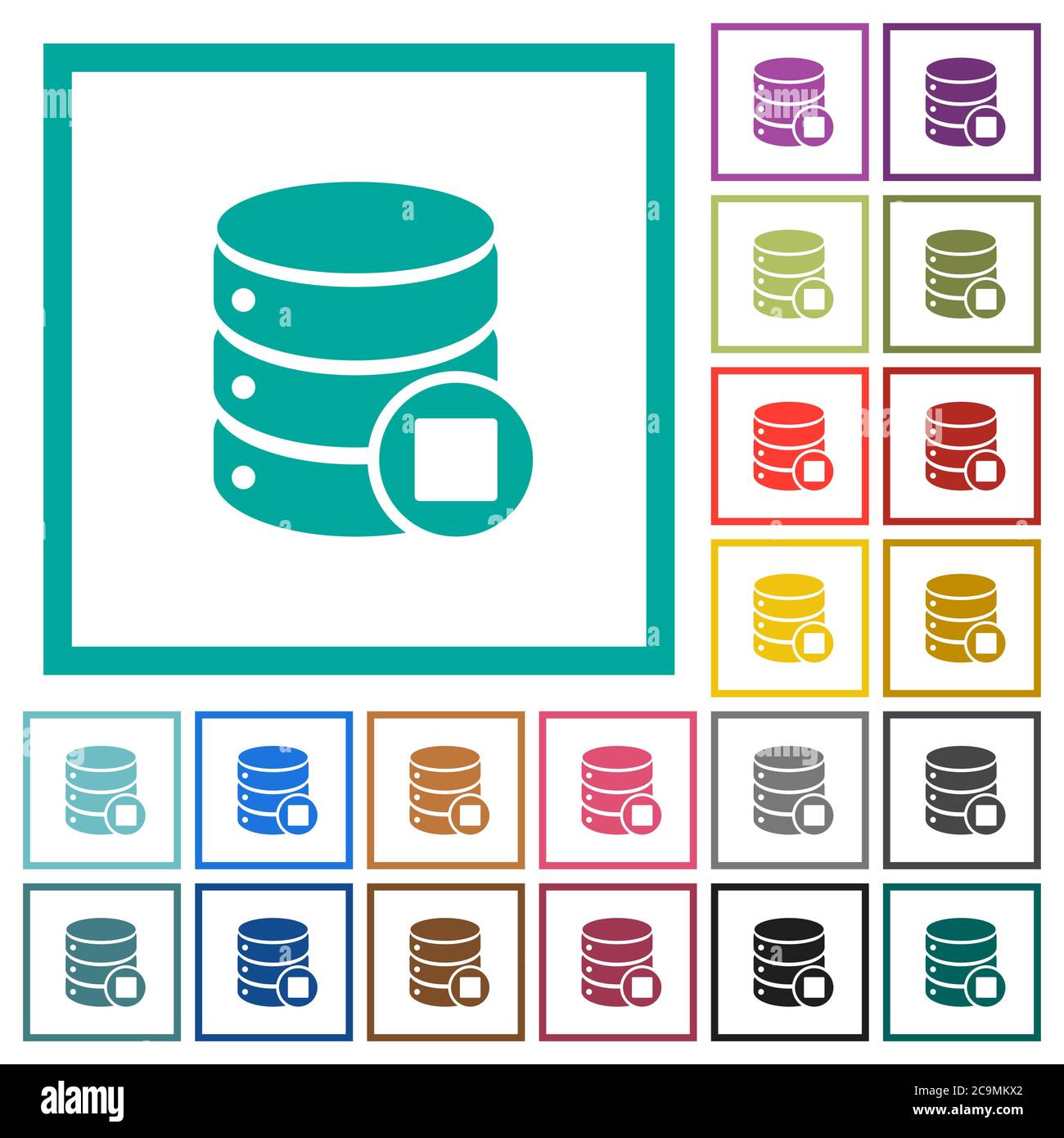 Database macro stop flat color icons with quadrant frames on white ...