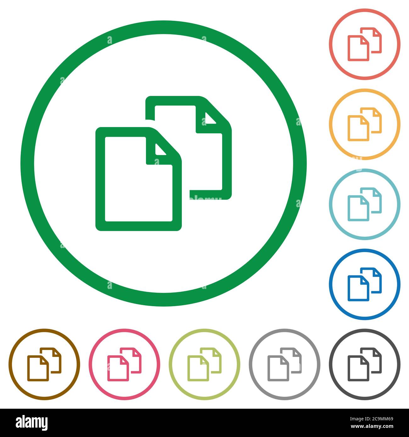 Copy document flat color icons in round outlines on white background ...