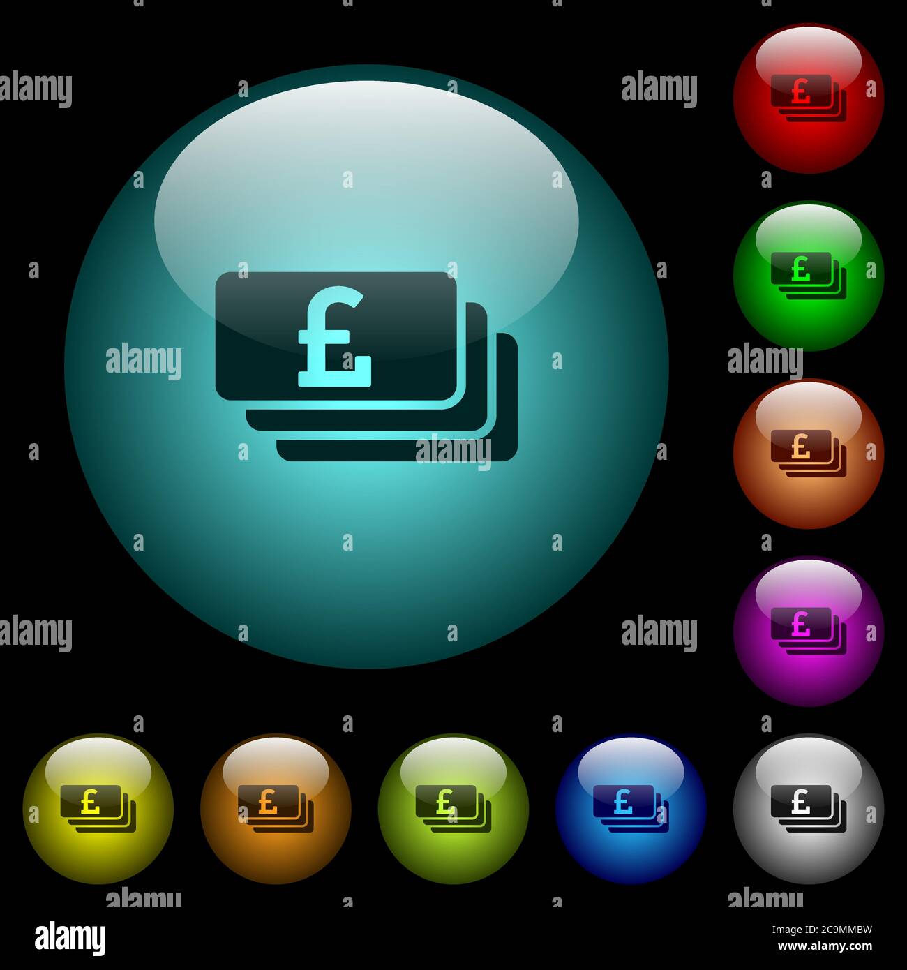 Pound banknotes icons in color illuminated spherical glass buttons on ...