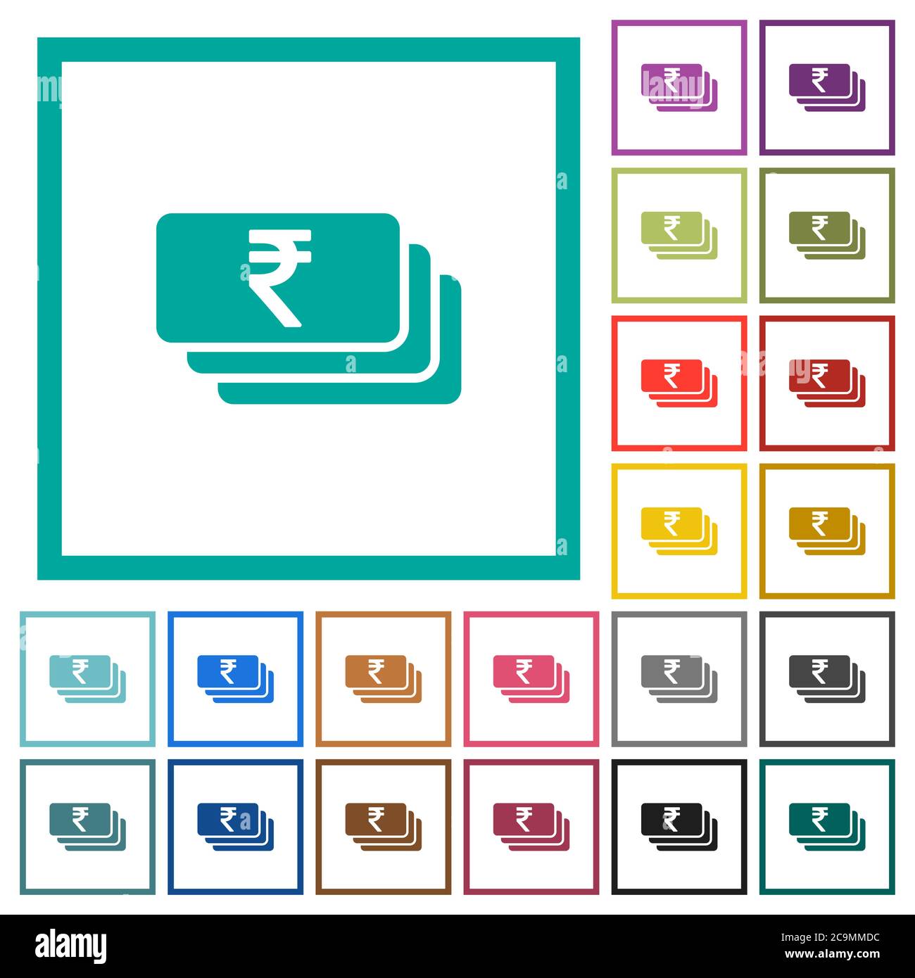 Indian Rupee banknotes flat color icons with quadrant frames on white ...