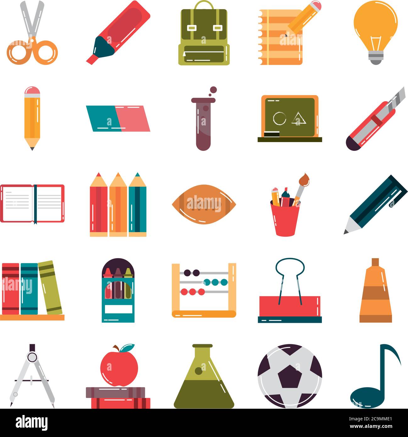 school education supply class stationery flat style icons set vector ...