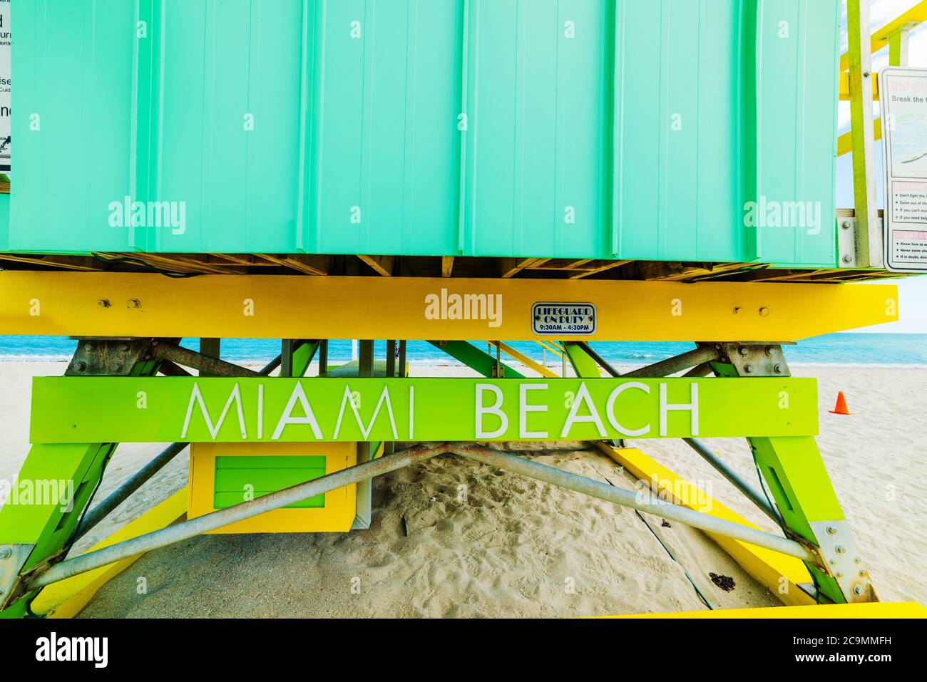 Miami Beach written on a colorful lifeguard tower. Southern Florida ...