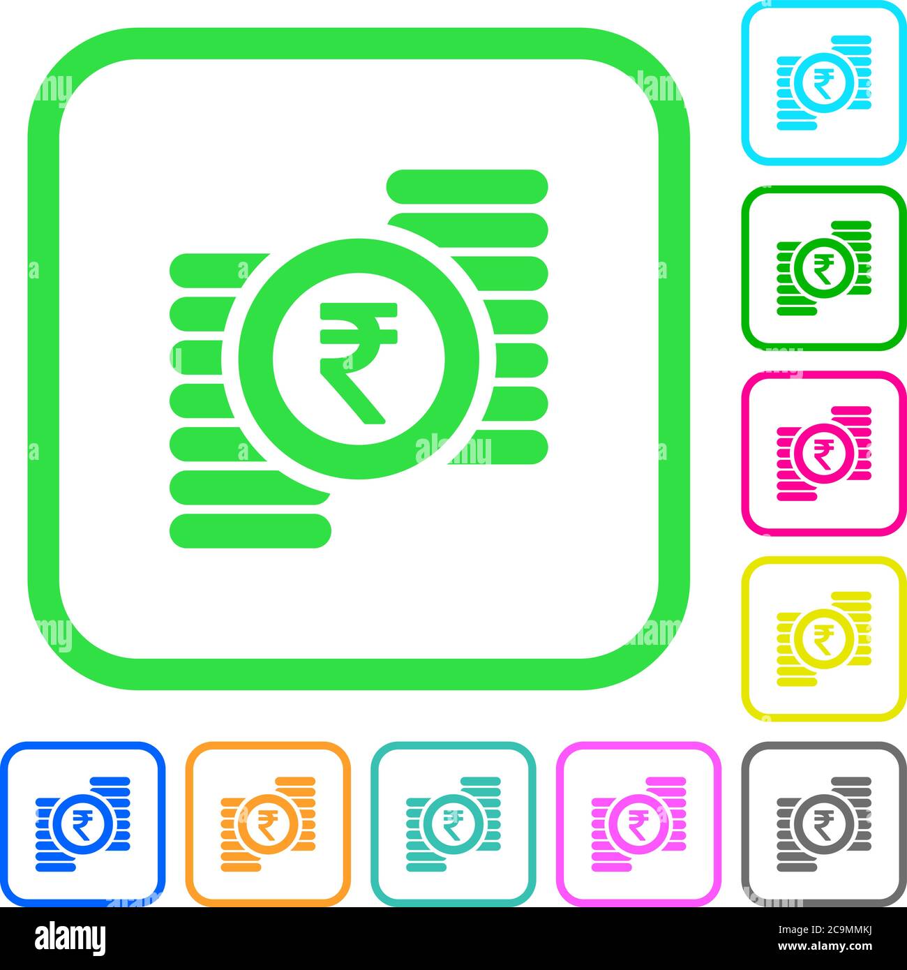 Indian Rupee coins vivid colored flat icons in curved borders on white ...