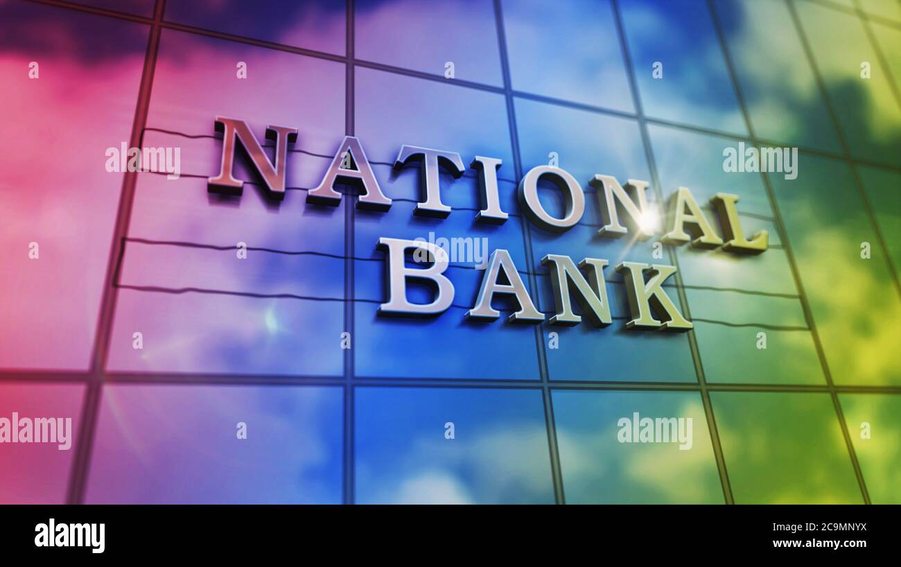 National Bank on glass building. Mirrored sky and city modern facade ...