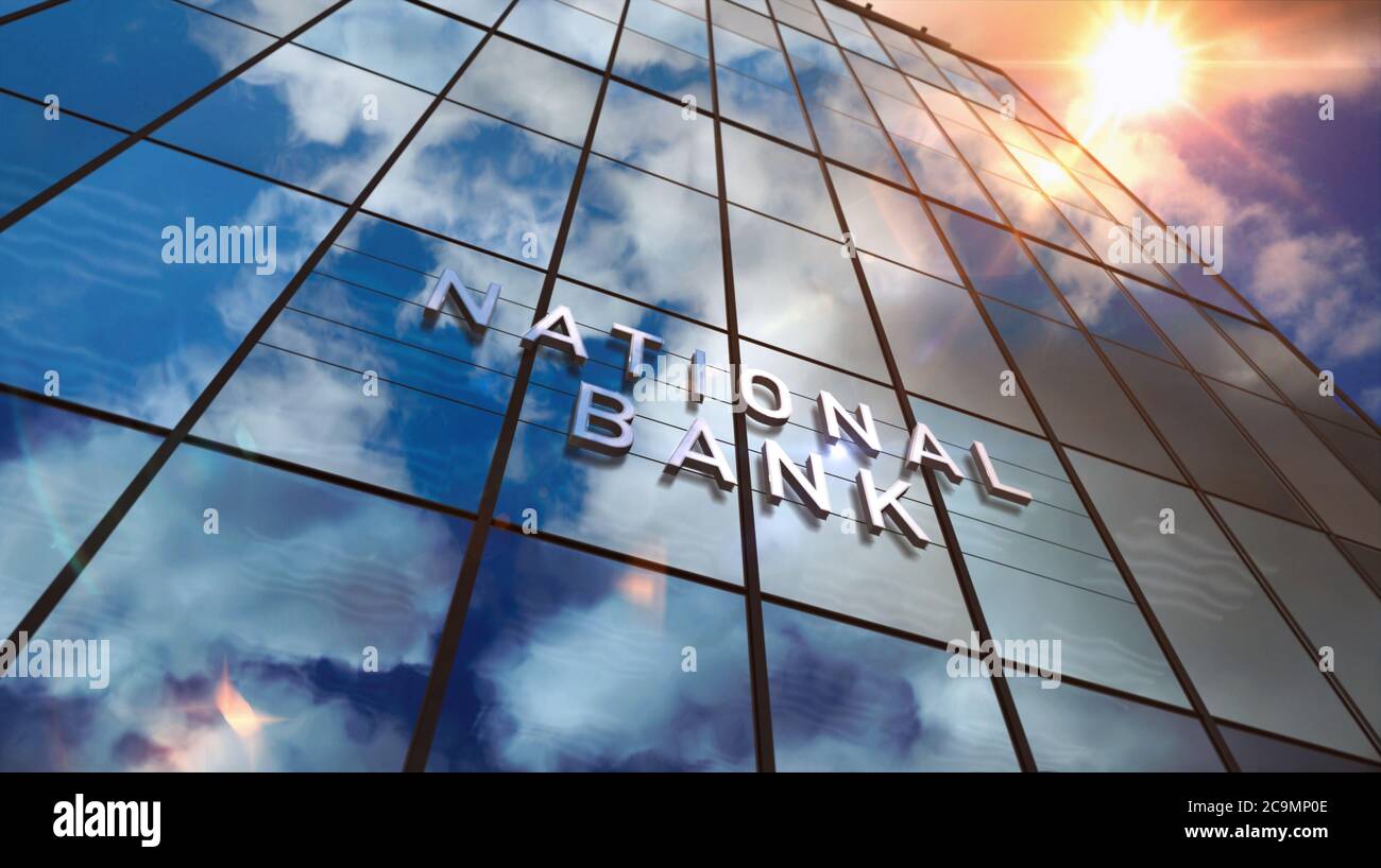 National Bank on glass building. Mirrored sky and city modern facade ...