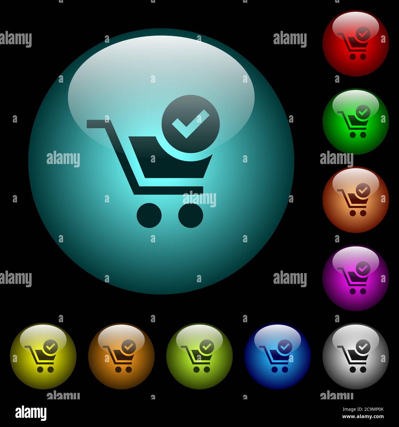 Checkout icons in color illuminated spherical glass buttons on black ...