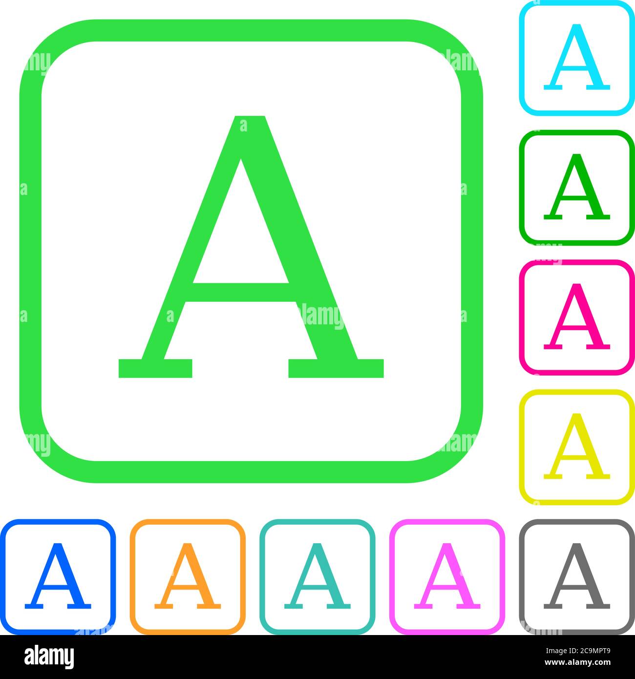 Character font vivid colored flat icons in curved borders on white ...