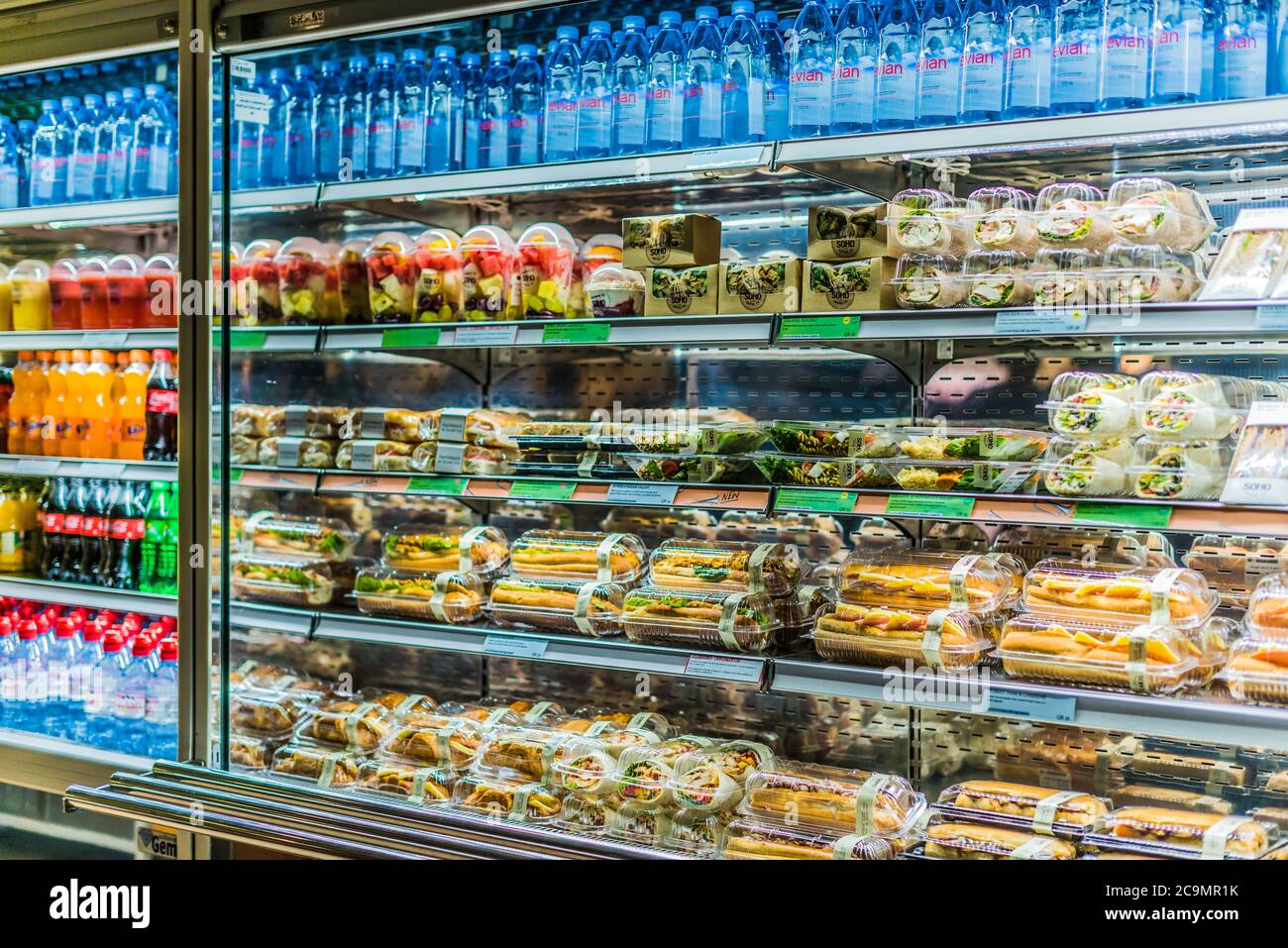 DOHA, QATAR - FEB 28, 2020: Pre-packaged sandwiches, salads and drinks ...