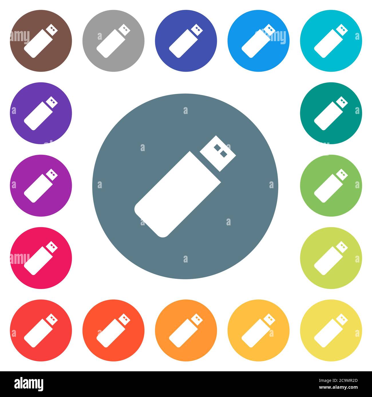 Pendrive flat white icons on round color backgrounds. 17 background color variations are ...