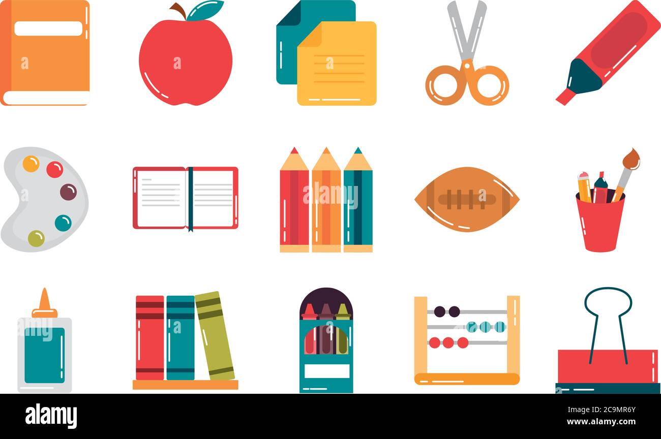 school education supply class stationery flat style icons set vector ...