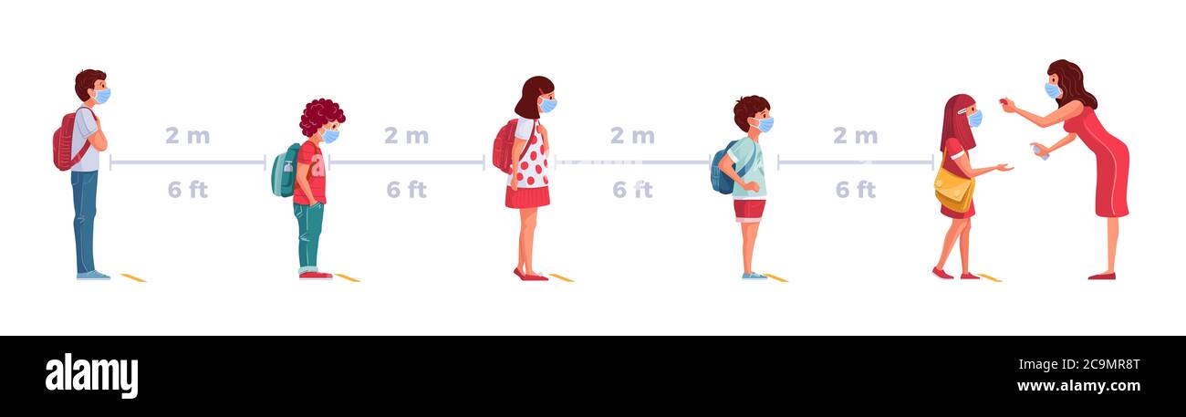 Students are waiting in line. The teacher measures the fever of the ...