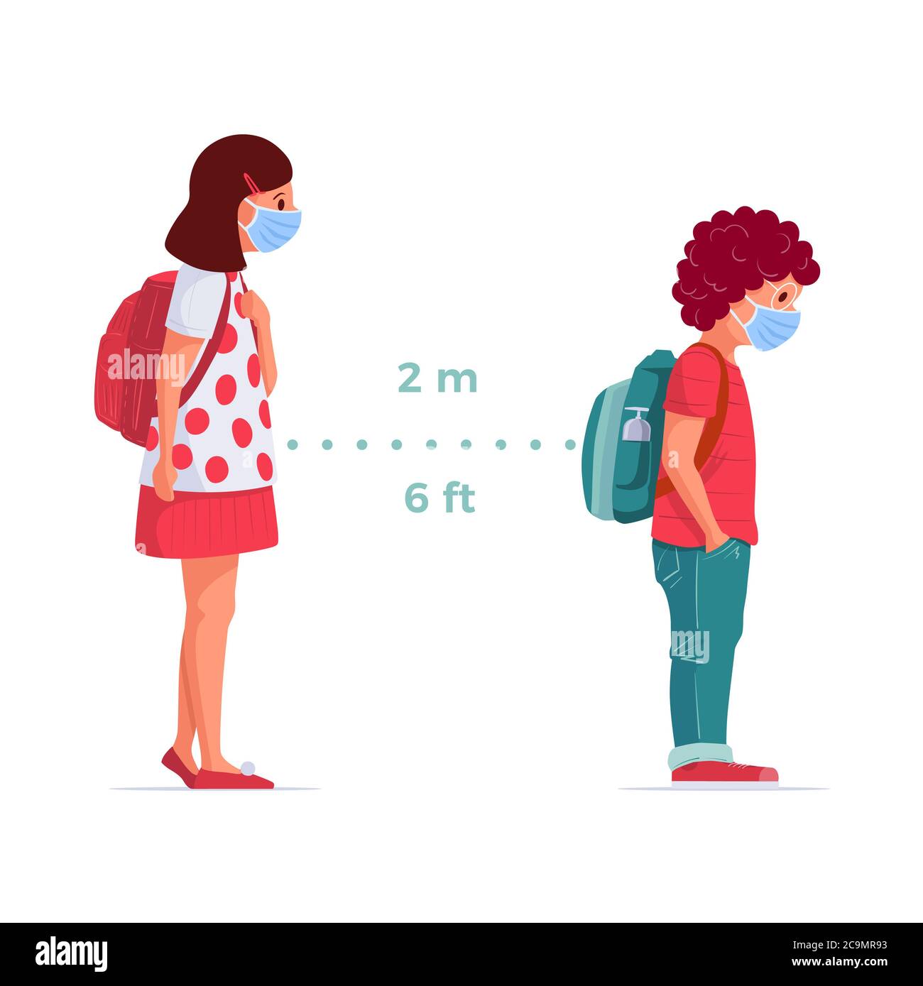 Children wearing medical masks are standing in accordance with social ...