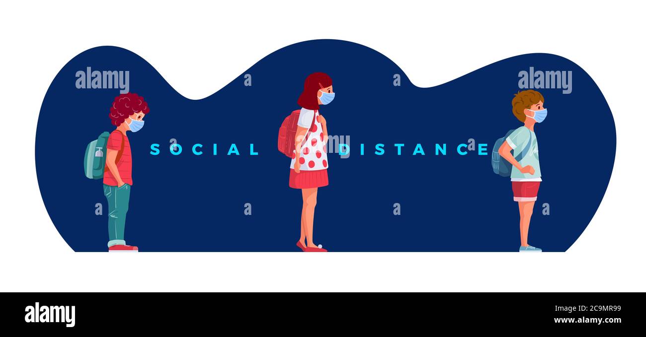 Children wearing medical masks are standing in accordance with social ...