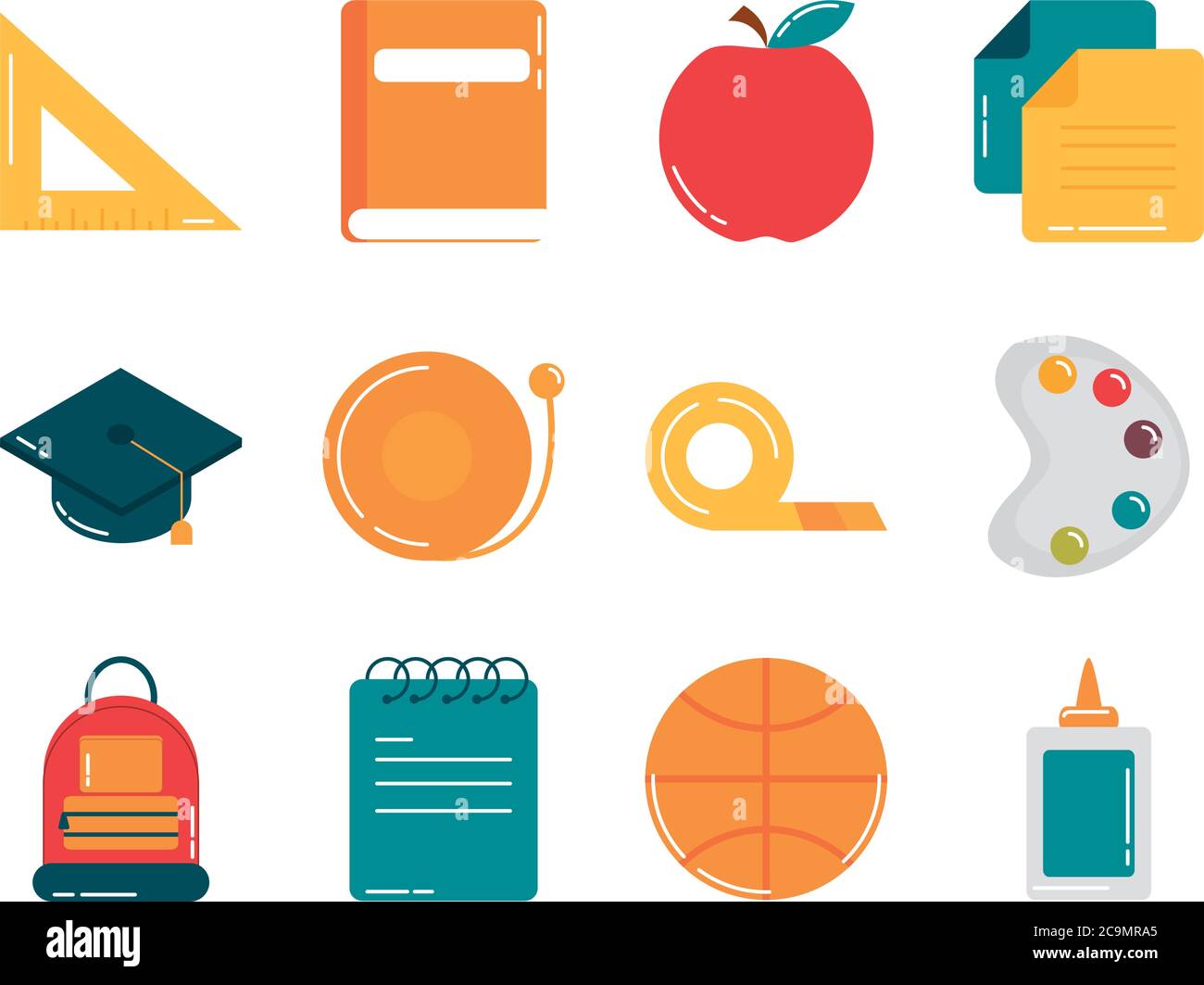 school education supply class stationery flat style icons set vector ...