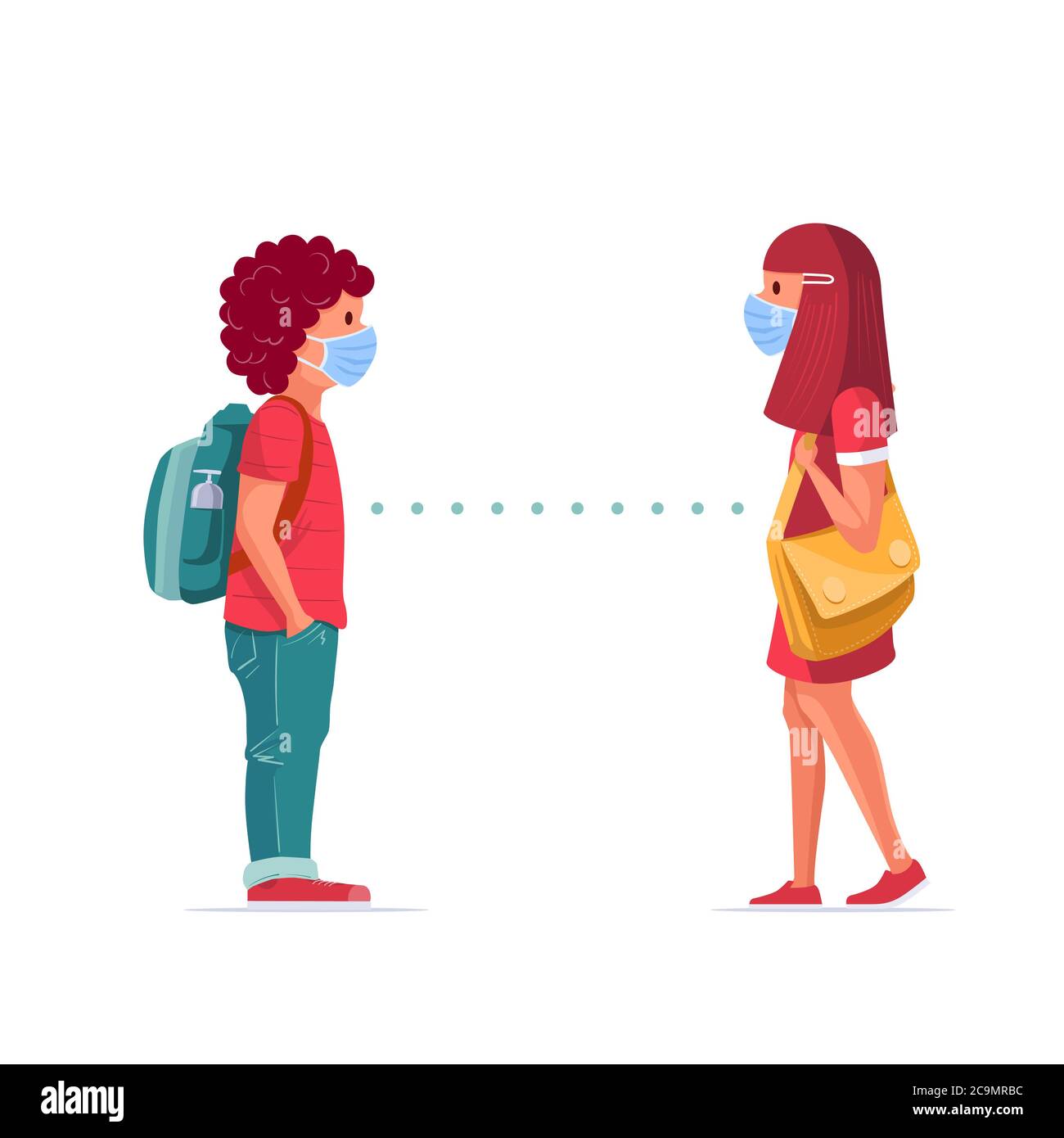 School friends are talking. Medical masked kids standing with social ...