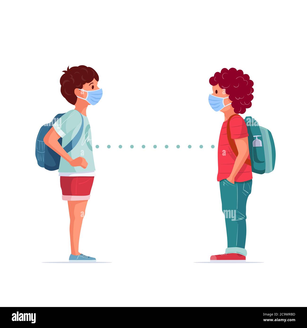 School friends are talking. Medical masked kids standing with social ...