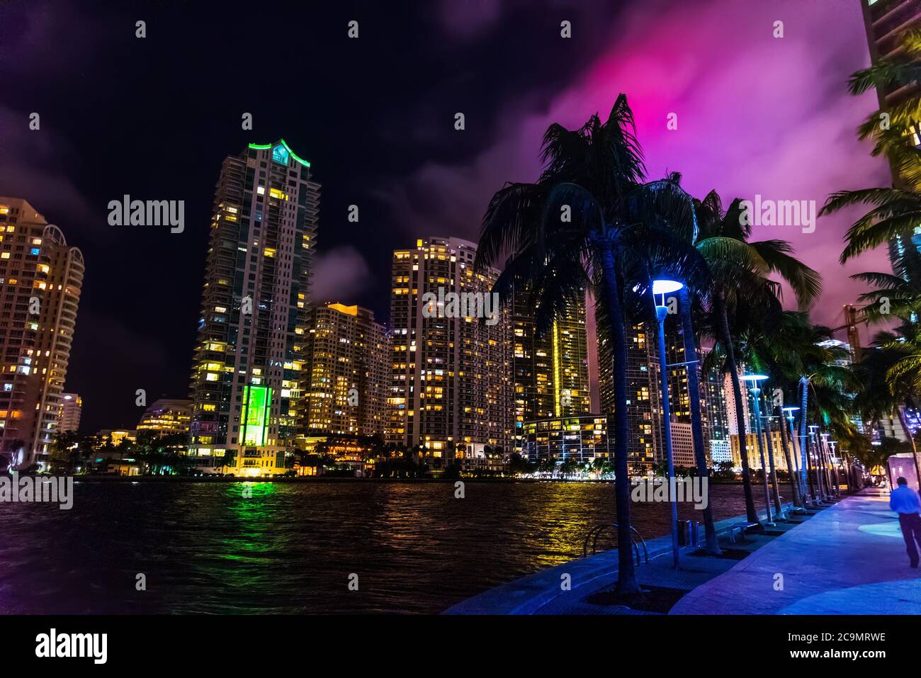 Colorful night in Miami Riverwalk. Southern Florida, USA Stock Photo ...