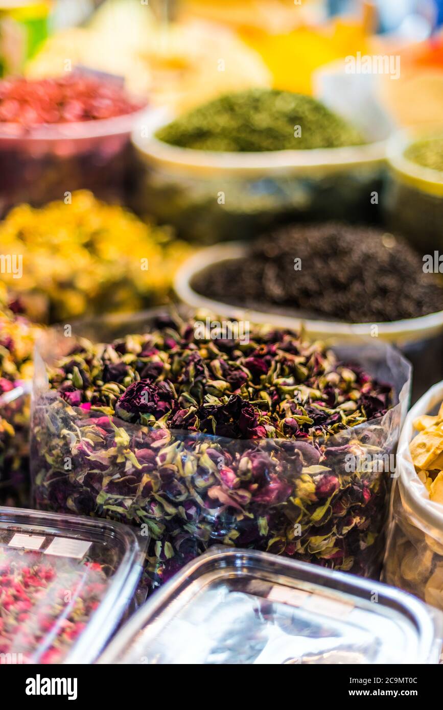 Variety of spices and herbs on the arab street market stall. Souq Waqif ...